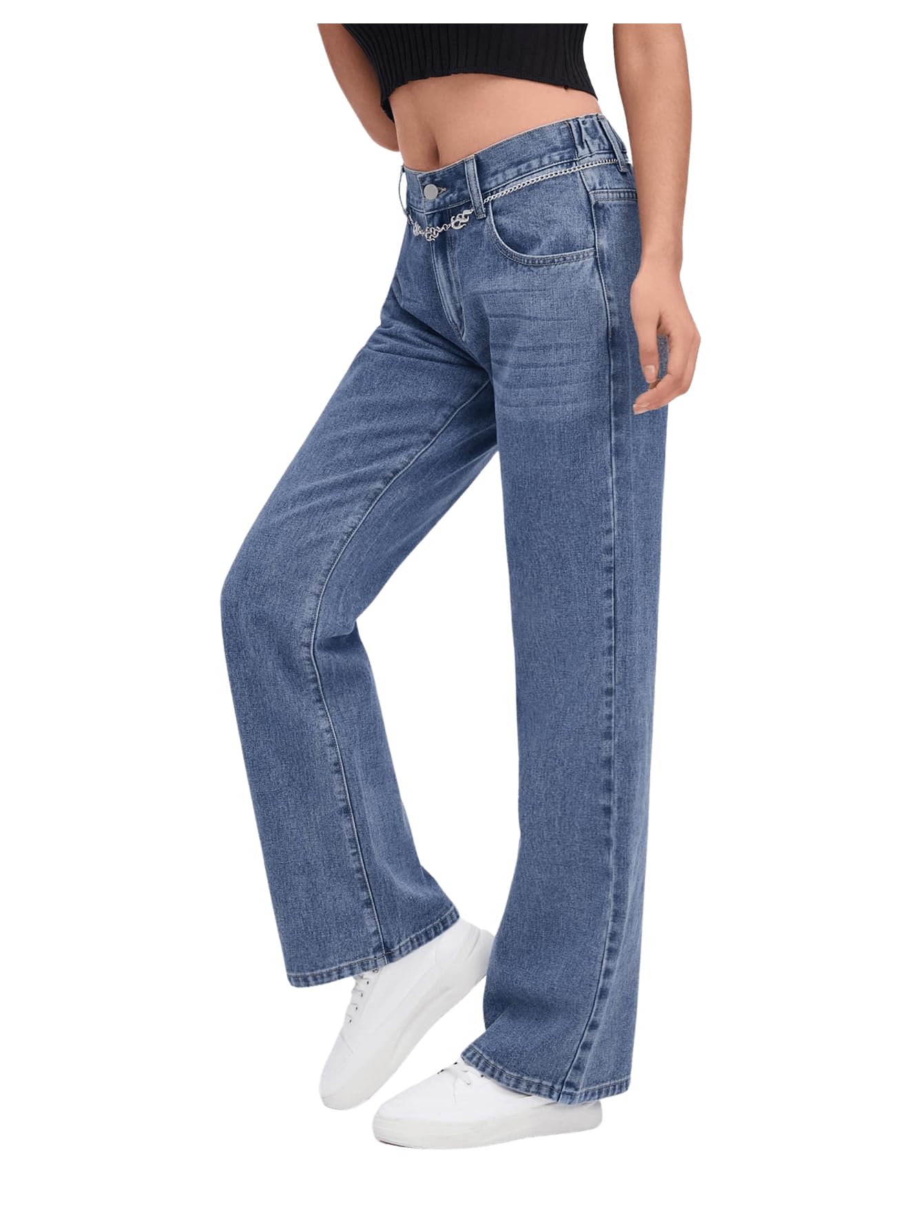 SweatyRocks Women's Casual Low Rise Wide Leg Jeans Chain Straight Leg Denim Pants with Pockets Medium Wash M