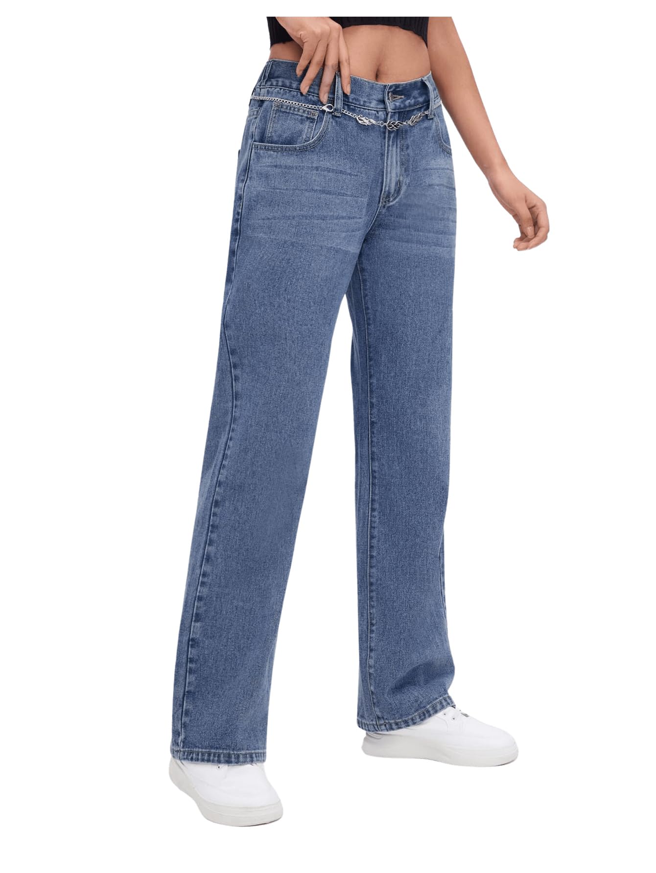 SweatyRocks Women's Casual Low Rise Wide Leg Jeans Chain Straight Leg Denim Pants with Pockets Medium Wash M