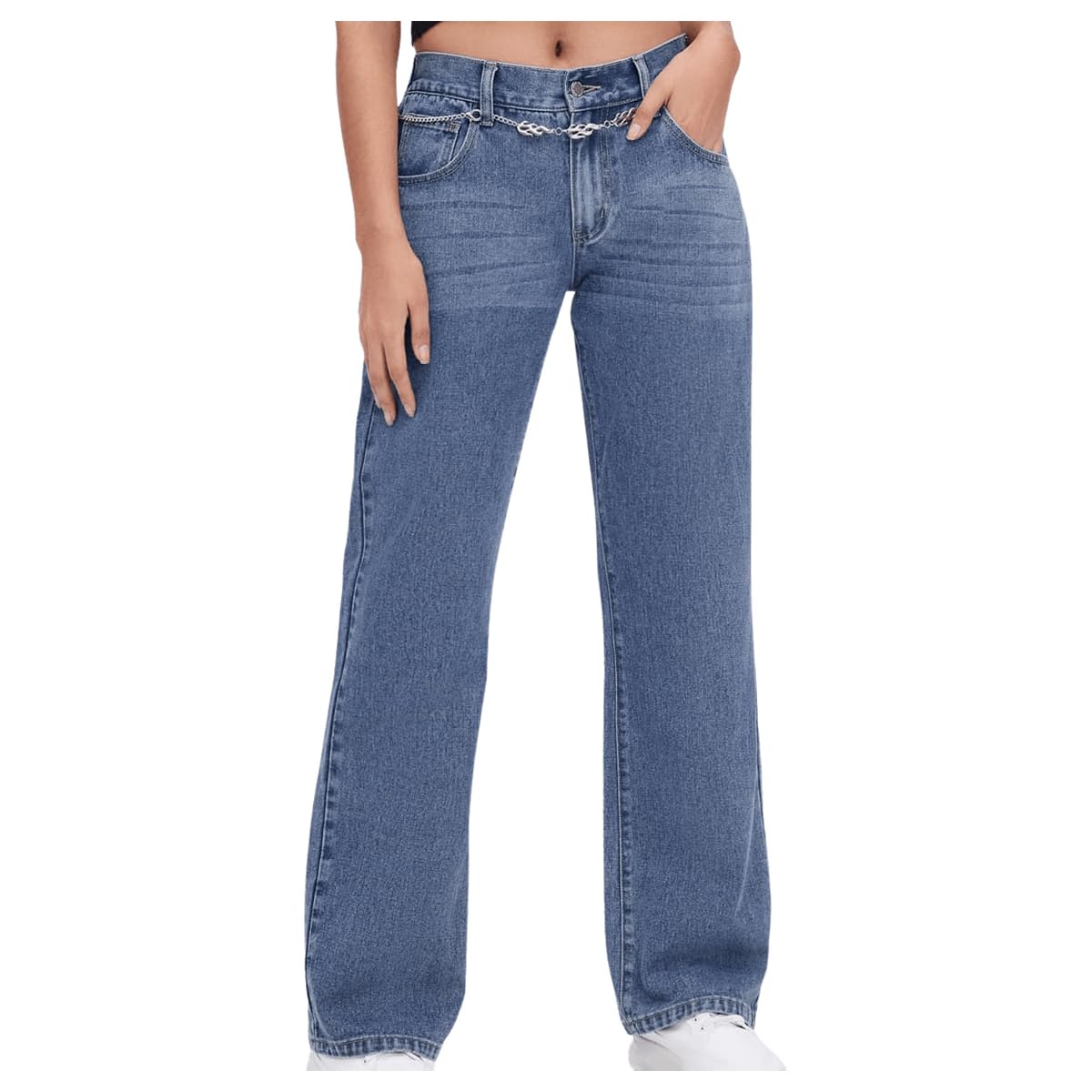 SweatyRocks Women's Casual Low Rise Wide Leg Jeans Chain Straight Leg Denim Pants with Pockets Medium Wash M