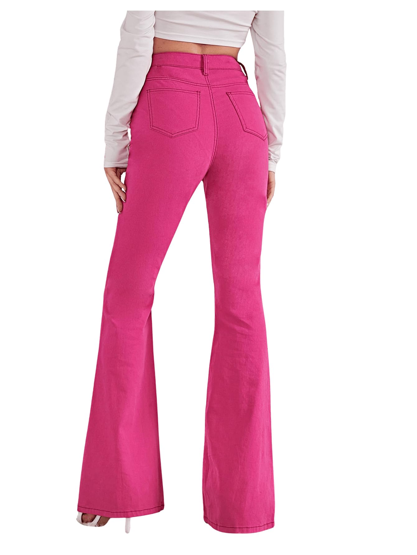 SweatyRocks Women's Casual Denim Pants Heart Print High Waist Stretchy Bell Bottom Flared Jeans Hot Pink L