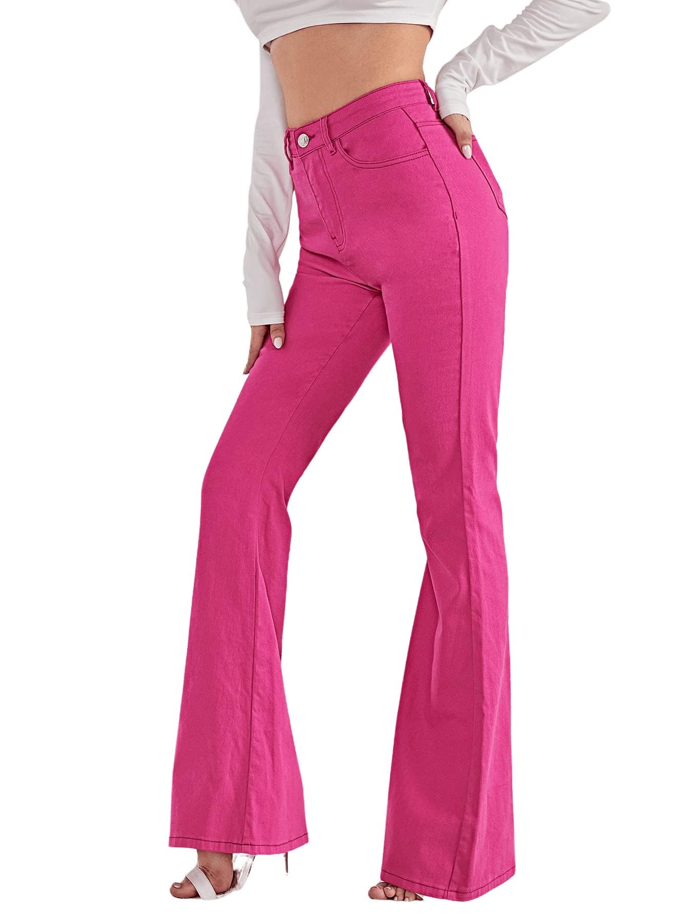 SweatyRocks Women's Casual Denim Pants Heart Print High Waist Stretchy Bell Bottom Flared Jeans Hot Pink L