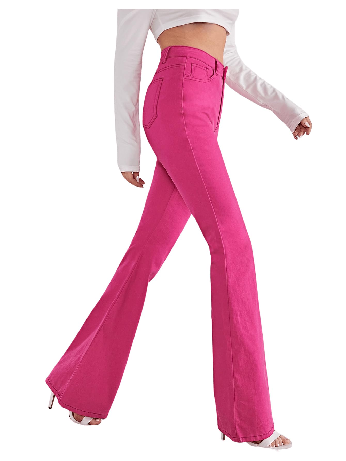 SweatyRocks Women's Casual Denim Pants Heart Print High Waist Stretchy Bell Bottom Flared Jeans Hot Pink L