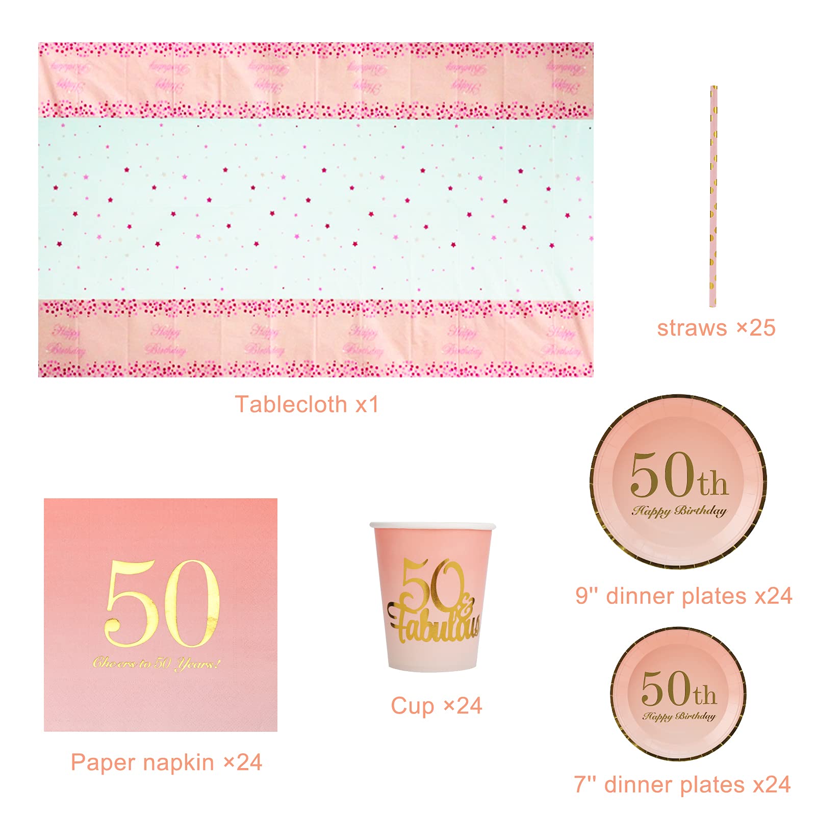 50th Birthday Decorations Party Supplies Set - Disposable Tableware Includes Plates, Cups, Napkins, Straws, Tablecloth for Her 50 Birthday Party - Serves 24