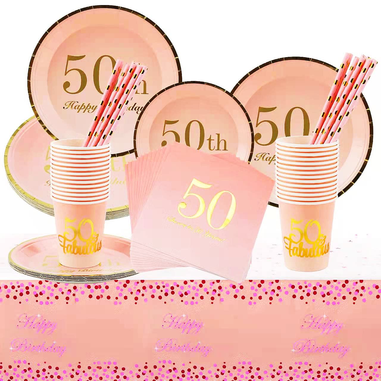 50th Birthday Decorations Party Supplies Set - Disposable Tableware Includes Plates, Cups, Napkins, Straws, Tablecloth for Her 50 Birthday Party - Serves 24