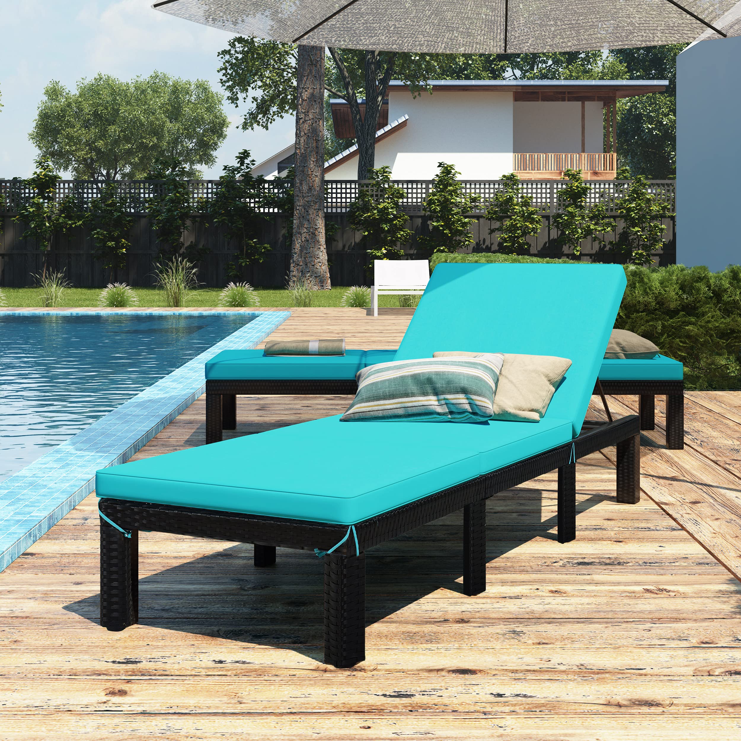 LZ LEISURE ZONE Patio Chaise Lounges, Patio Furniture Set, Outdoor Adjustable PE Rattan Wicker Chaise Lounge Chair, Patio Sunbed, for Poolside, Porch and Garden (Blue+Black, 1 Piece)