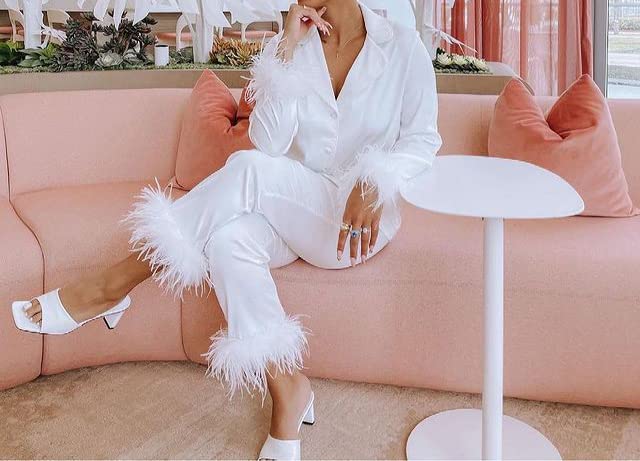 Button Down Pajamas Set for Women Long Sleeve Satin Silk Feather Trim Nightwear Loungewear (S, White)