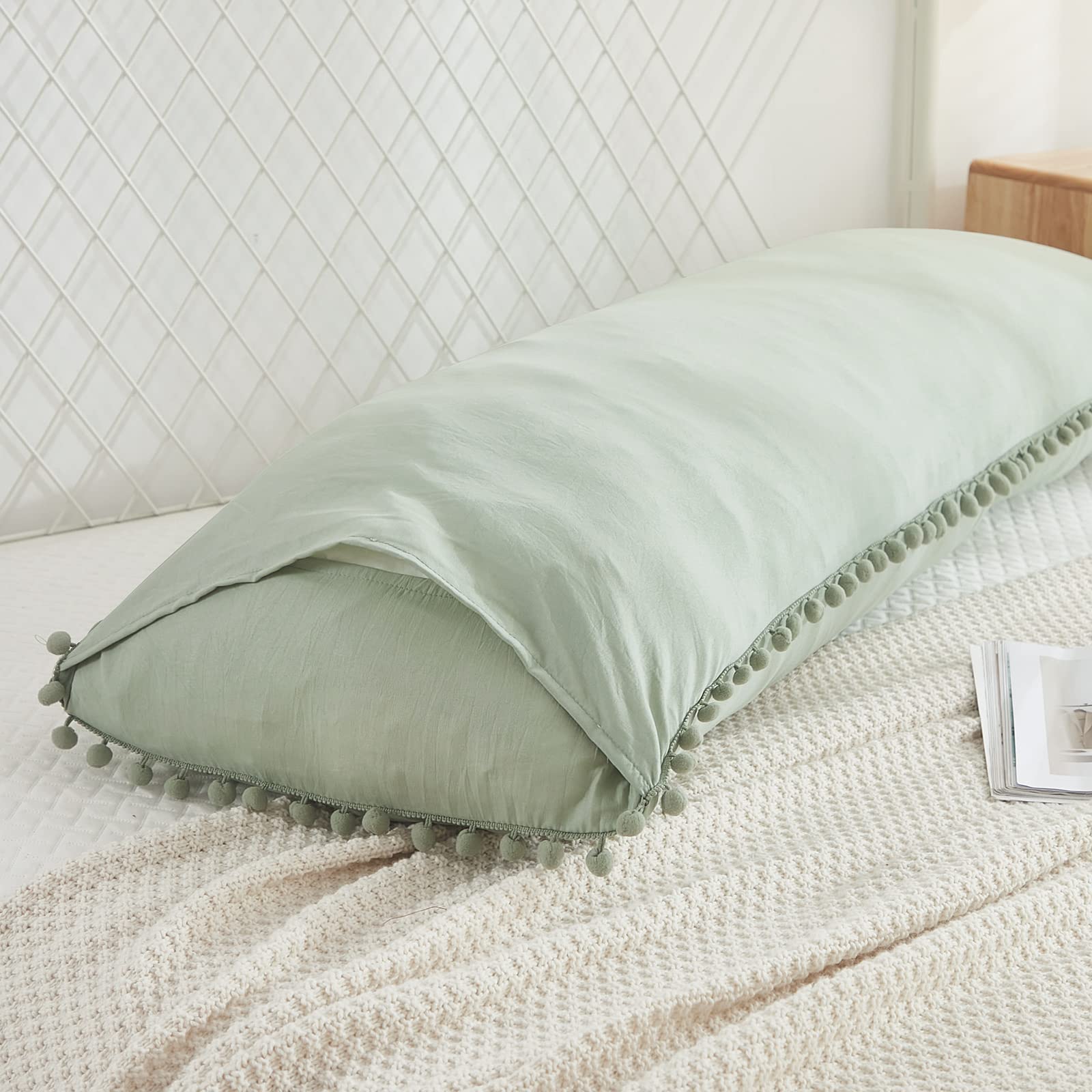 MOVE OVER Sage Green Body Pillow Cover 20x54 Inches Cute Pom Poms Decorated Body Pillow Cover Soft Washed Microfiber Boho Body Pillow Cover with Pocket Closure, Pack of 1