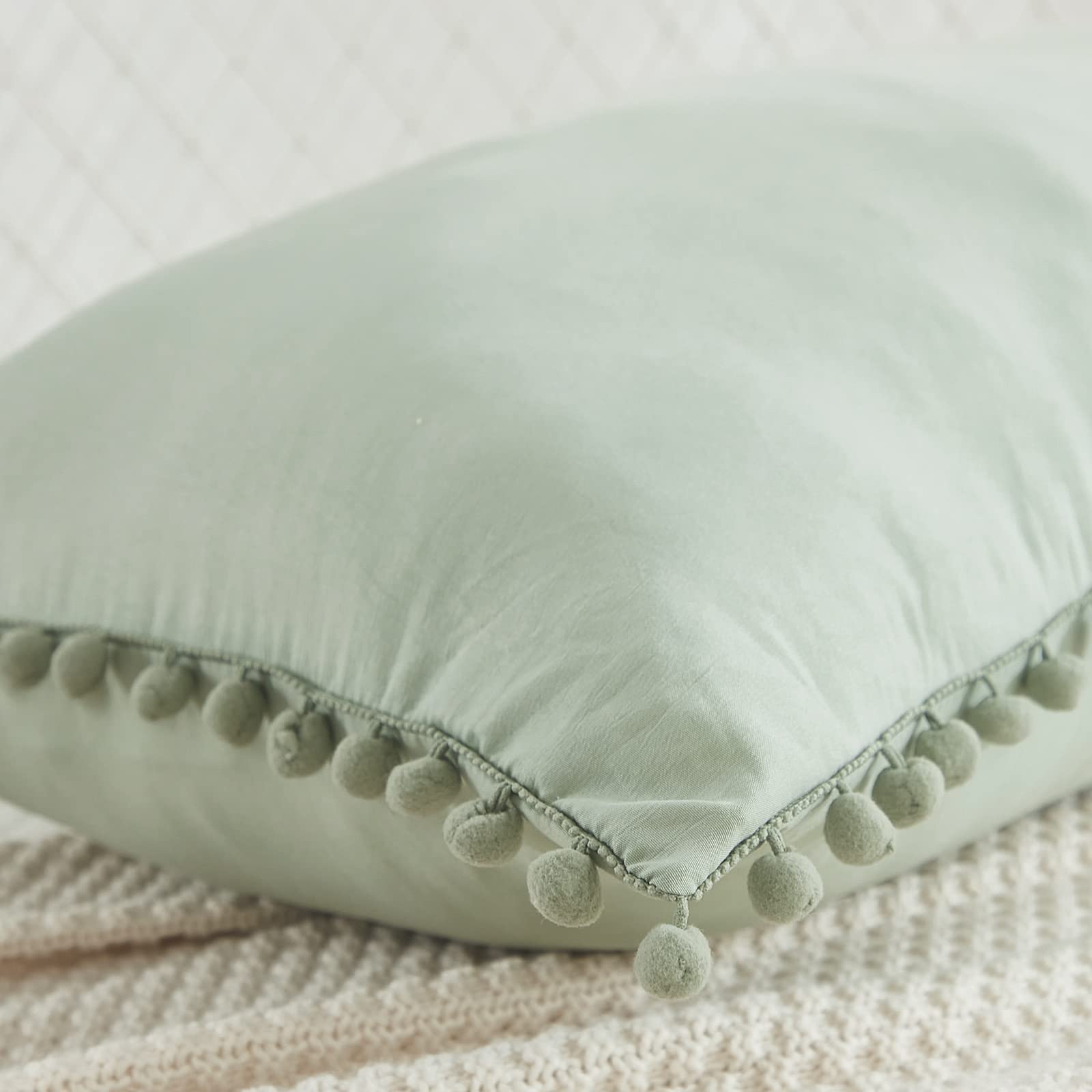 MOVE OVER Sage Green Body Pillow Cover 20x54 Inches Cute Pom Poms Decorated Body Pillow Cover Soft Washed Microfiber Boho Body Pillow Cover with Pocket Closure, Pack of 1