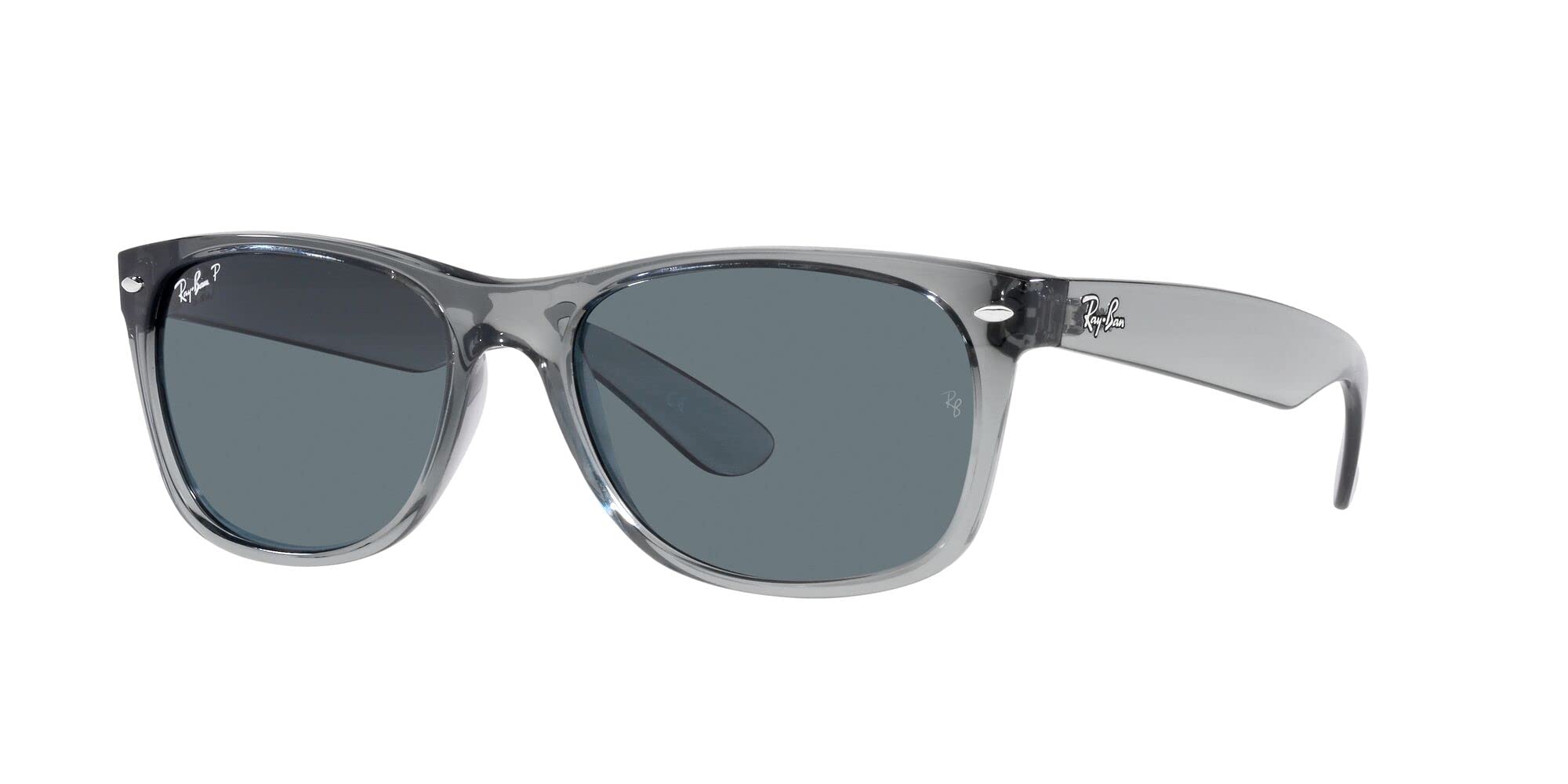 Ray-Ban RB2132 New Wayfarer Square Sunglasses, Transparent Grey/Dark Blue Polarized, 58 mm