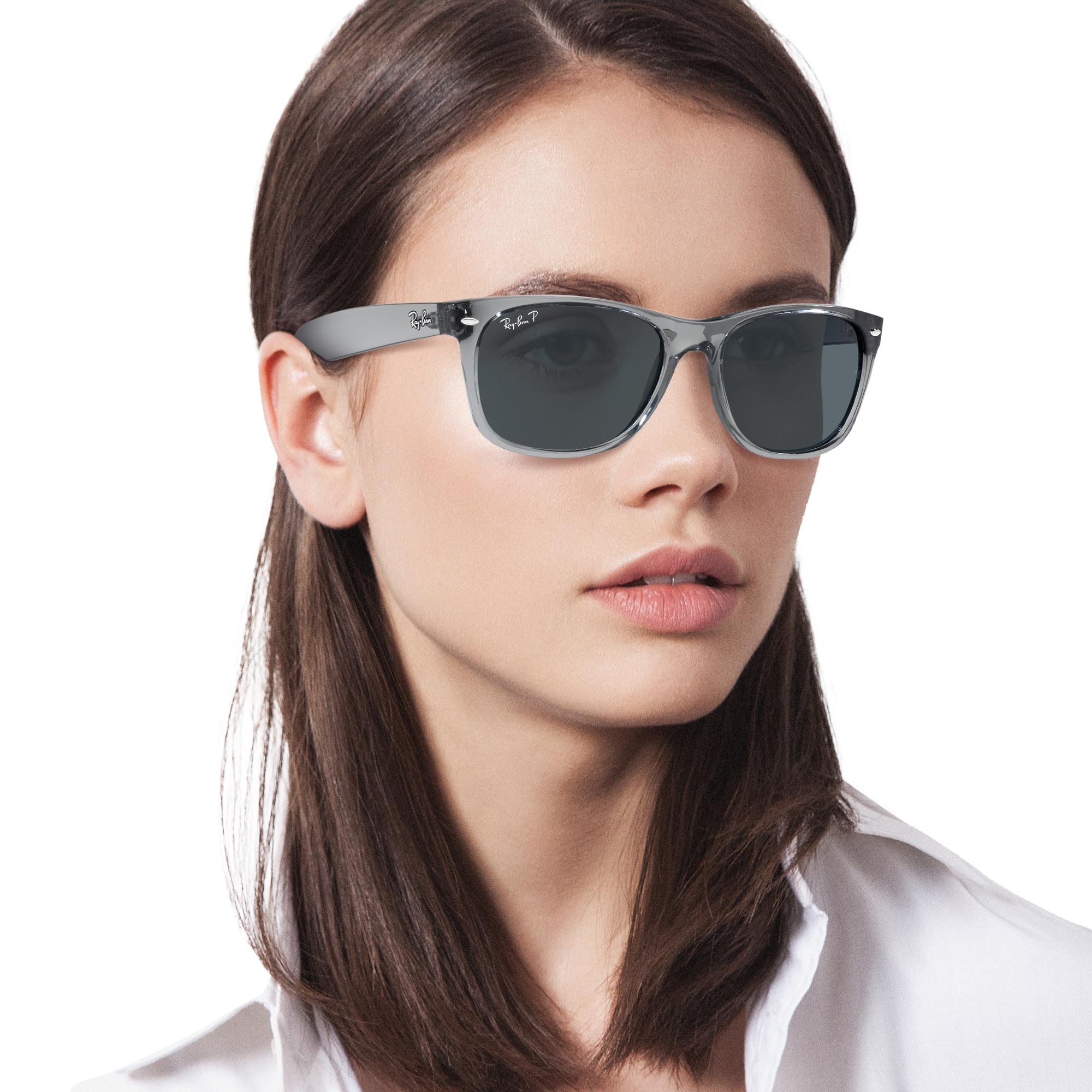 Ray-Ban RB2132 New Wayfarer Square Sunglasses, Transparent Grey/Dark Blue Polarized, 58 mm