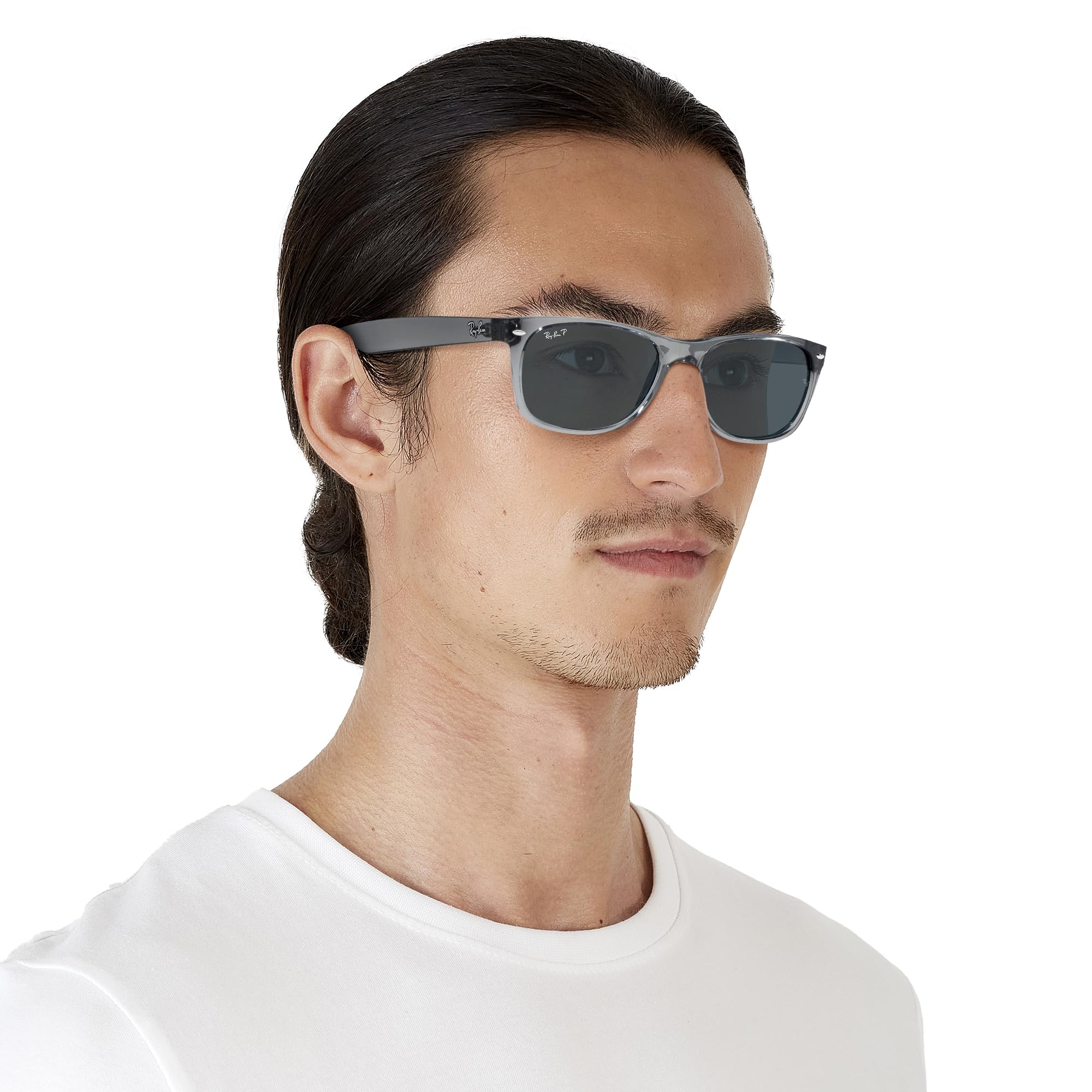 Ray-Ban RB2132 New Wayfarer Square Sunglasses, Transparent Grey/Dark Blue Polarized, 58 mm