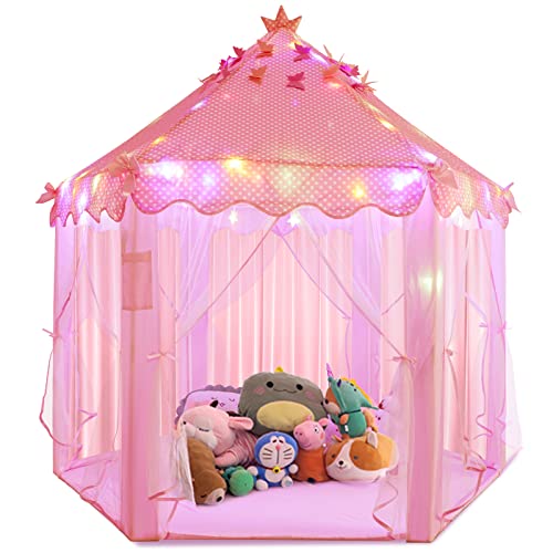 NABIYE Large Princess Tent for Girls, Kids Play Tent with LED Star Lights, 55'' x 53'' (DxH), Princess Toys, Princess Castle for Indoor and Outdoor Games, ASTM&CPC Certified Pink