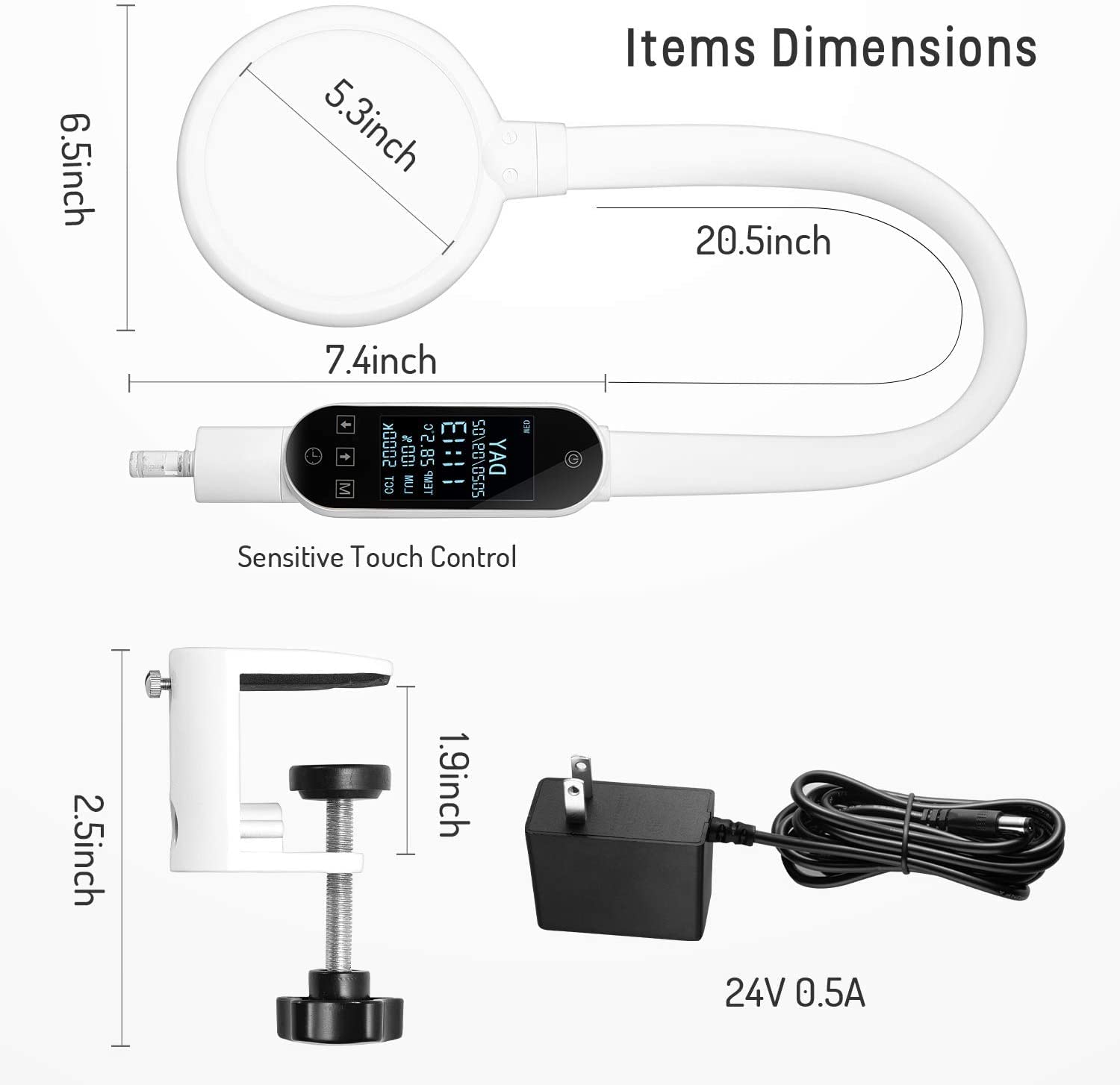 CELYST 15W LED Desk Lamp with Clamp, Date, Calendar, Touch Panel, 28.3 Long Arm Flexible Desk Light for Video Conferencing, Architect/Task/Drafting Light, 3 Color Modes, 15 Brightness Dimmable, White