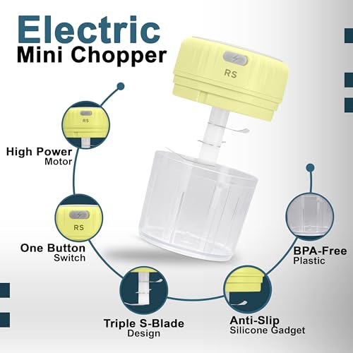 Real Simple Electric Mini Food Processor | Great for Garlic, Onion, Ginger, Jalapeño, Mini Chopper for Quick Food Prep Station | Portable USB Charging, 250 ML Food Container | Yellow