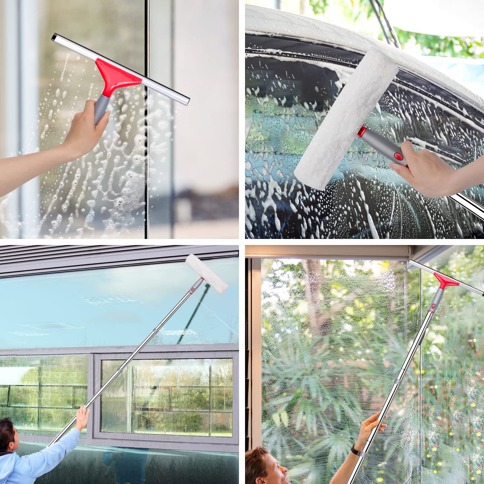 ZNM Window Cleaning Squeegee Kit, 2 in 1 Window Washing Kit with 62'' Extension Pole & Window Cleaner Tool, Professional Window Squeegee for Home Shower Mirror Car Glass Indoor & Outdoor