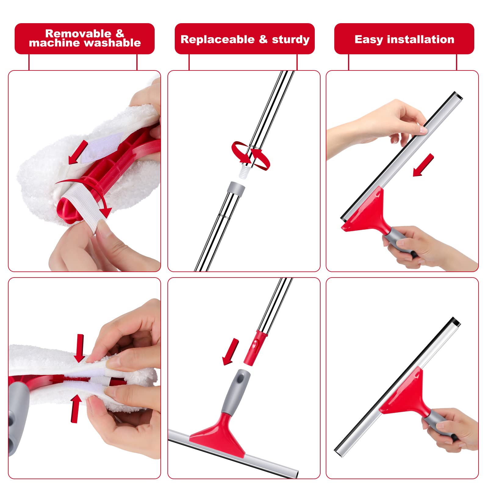 ZNM Window Cleaning Squeegee Kit, 2 in 1 Window Washing Kit with 62'' Extension Pole & Window Cleaner Tool, Professional Window Squeegee for Home Shower Mirror Car Glass Indoor & Outdoor