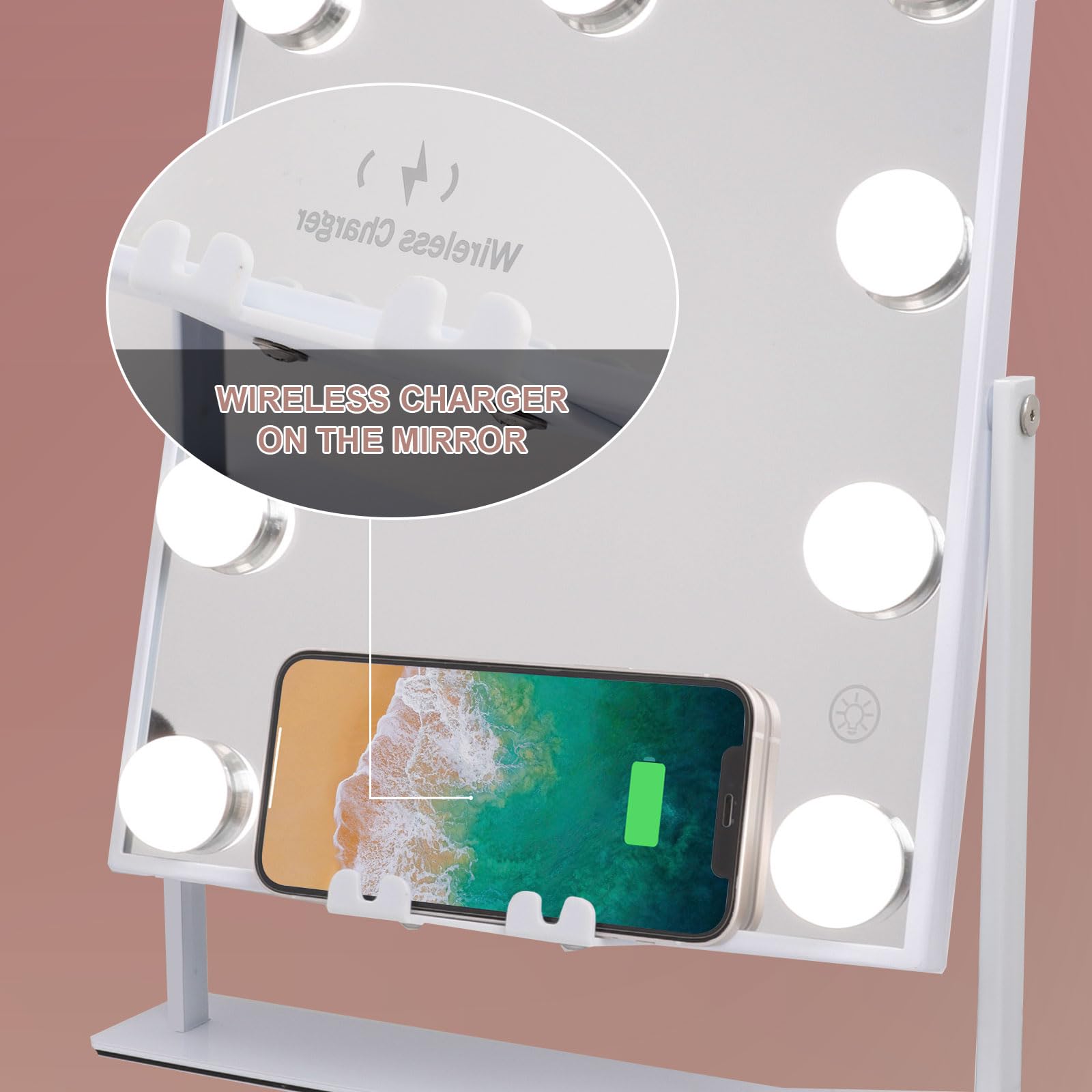 Fenair Lighted Vanity Mirror with Lights Speaker and Wireless Charging,Makeup Mirror with Lights and 10X Magnification Hollywood Mirror with 9 Dimmable LED Bulbs(White)