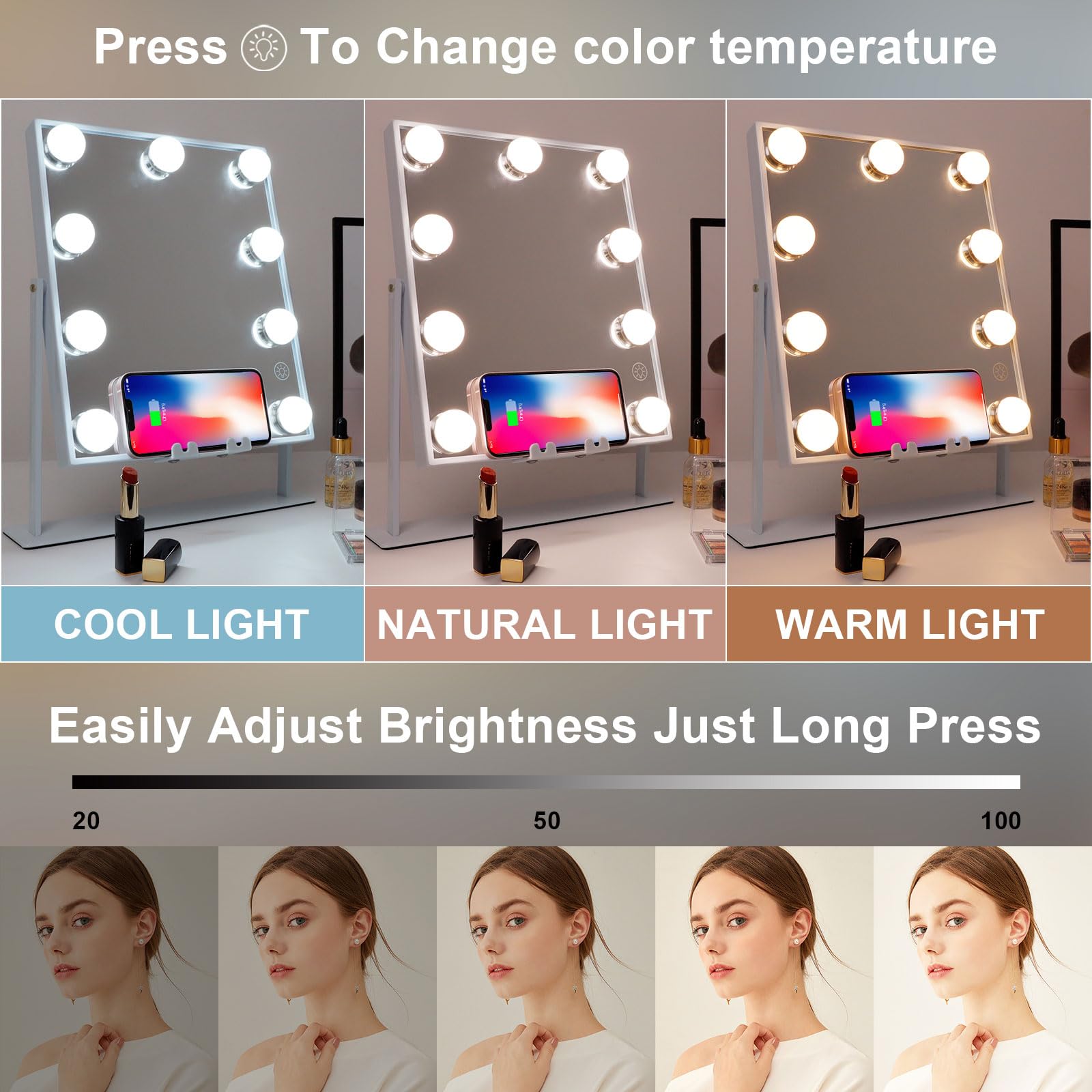 Fenair Lighted Vanity Mirror with Lights Speaker and Wireless Charging,Makeup Mirror with Lights and 10X Magnification Hollywood Mirror with 9 Dimmable LED Bulbs(White)