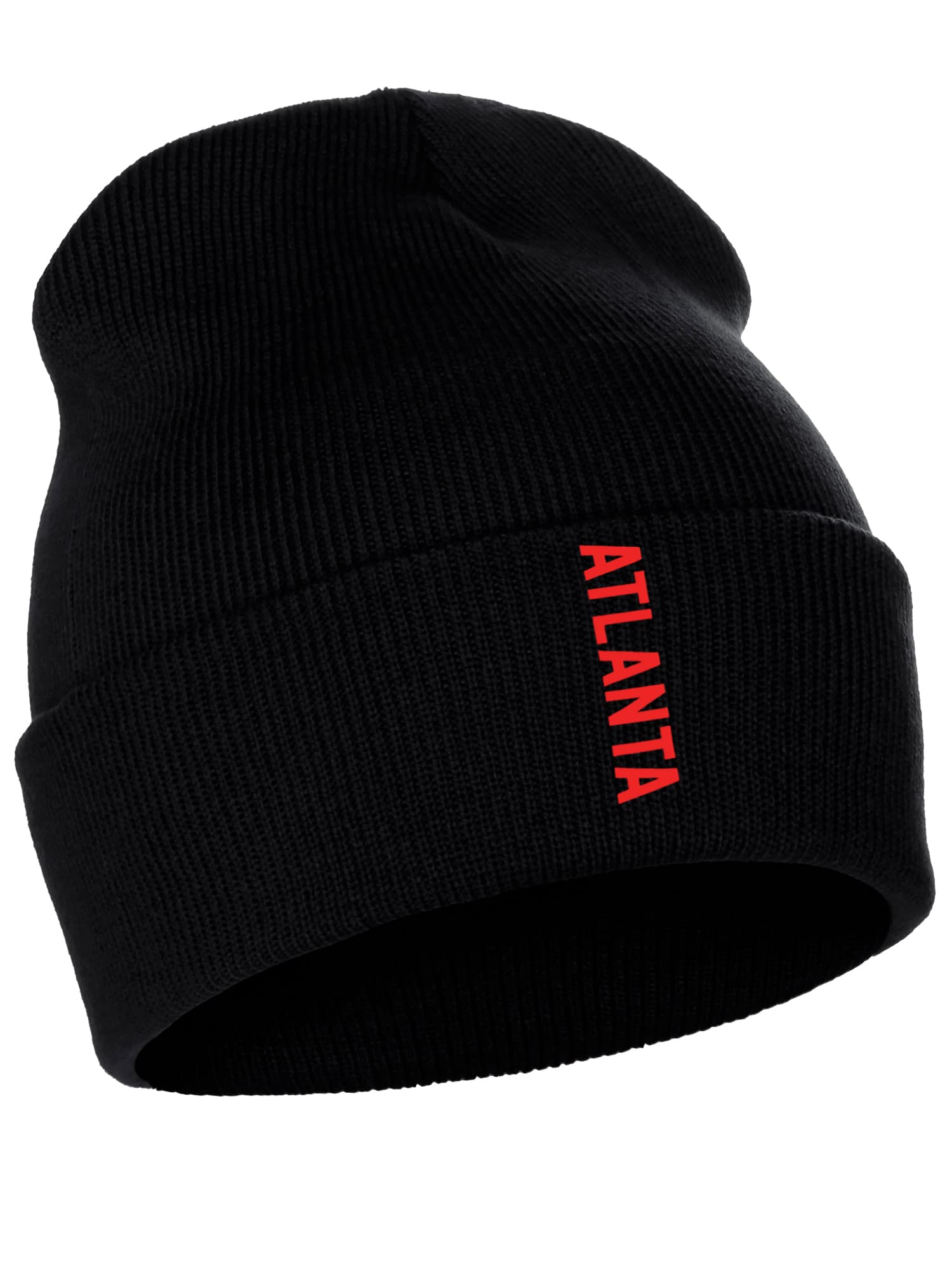 Daxton Vertical USA Cities Cuffed Beanie Winter Knit Hat Skully Cap, Atlanta Black Red