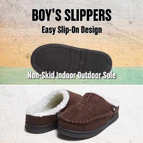 Lucky Brand Boys Micro Suede Clog Slippers, Non Slip Rubber Sole Warm Fuzzy Fluffy House Shoes, Kids Indoor Outdoor Clogs, Black, Size 2-3