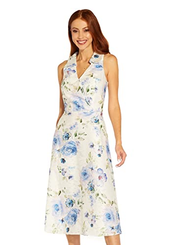 Adrianna Papell Women's Printed Jacquard Shirt Dress, Ivory/Blue, 10