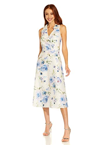 Adrianna Papell Women's Printed Jacquard Shirt Dress, Ivory/Blue, 10