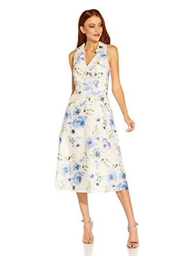 Adrianna Papell Women's Printed Jacquard Shirt Dress, Ivory/Blue, 10
