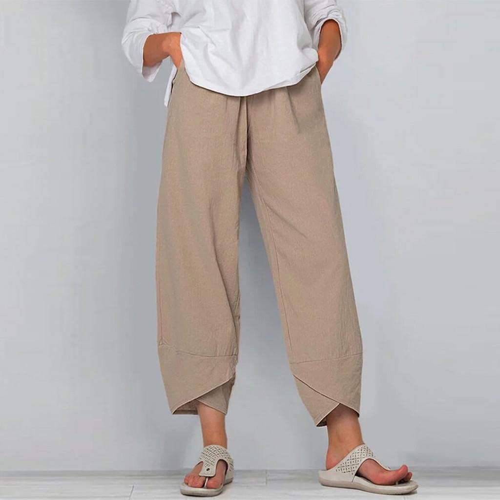 WUAI-Women Casual Drawstring Loose Palazzo Yoga Harem Pants Capri Plus Size Boho Cotton Linen Cropped Wide Leg Beach Trousers(Khaki,X-Large)