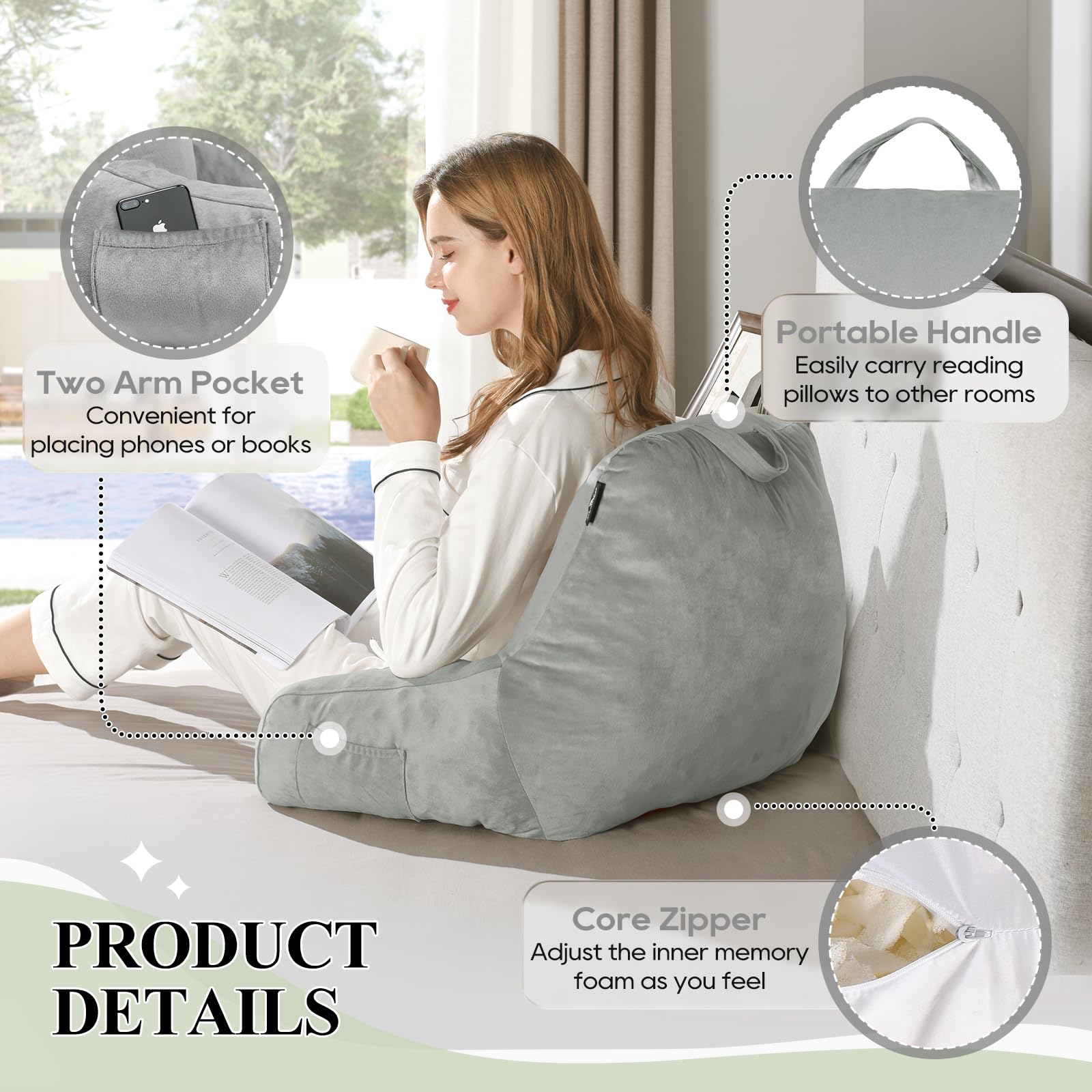 downluxe Reading Pillow with Arms, Back Pillow for Sitting in Bed, Adult Bed Rest Pillow with Shredded Memory Foam and Removable Cover (18 X 15 Inches Grey)
