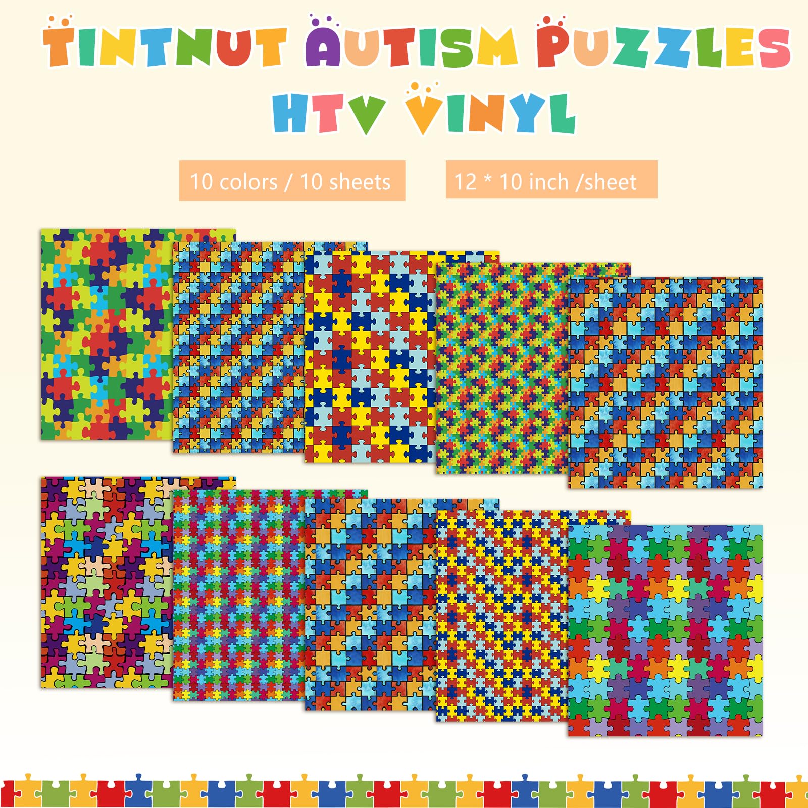 Tintnut Puzzle Pieces Heat Transfer Vinyl - 10 Sheets 10x12 Inch Autism Awareness Puzzles Craft Cutter HTV Vinyl Rainbow Color Pattern Printed Iron on Vinyl for Silhouette Cameo or Cricut