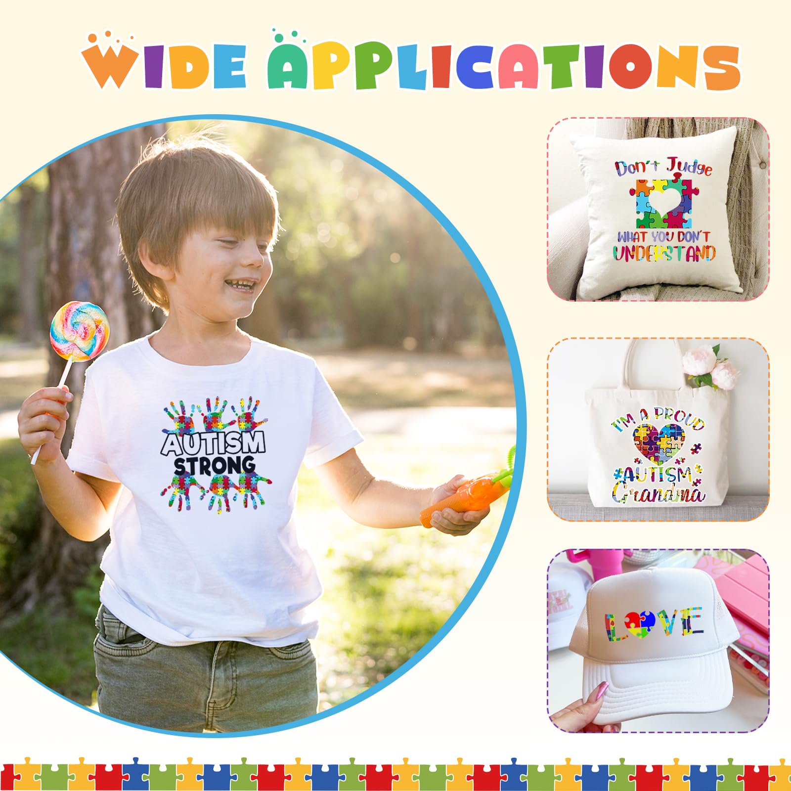 Tintnut Puzzle Pieces Heat Transfer Vinyl - 10 Sheets 10x12 Inch Autism Awareness Puzzles Craft Cutter HTV Vinyl Rainbow Color Pattern Printed Iron on Vinyl for Silhouette Cameo or Cricut