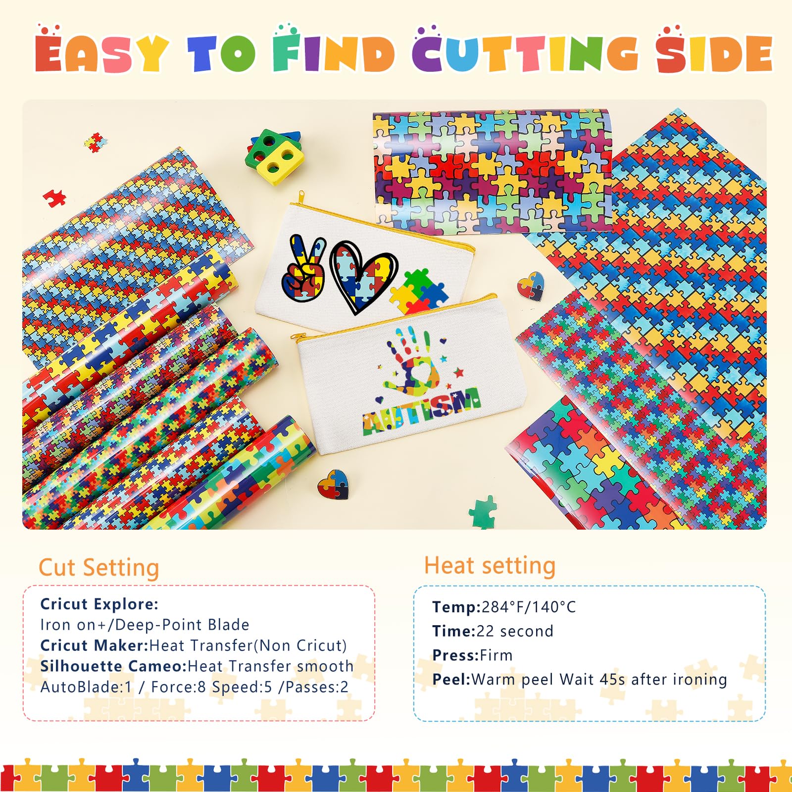 Tintnut Puzzle Pieces Heat Transfer Vinyl - 10 Sheets 10x12 Inch Autism Awareness Puzzles Craft Cutter HTV Vinyl Rainbow Color Pattern Printed Iron on Vinyl for Silhouette Cameo or Cricut