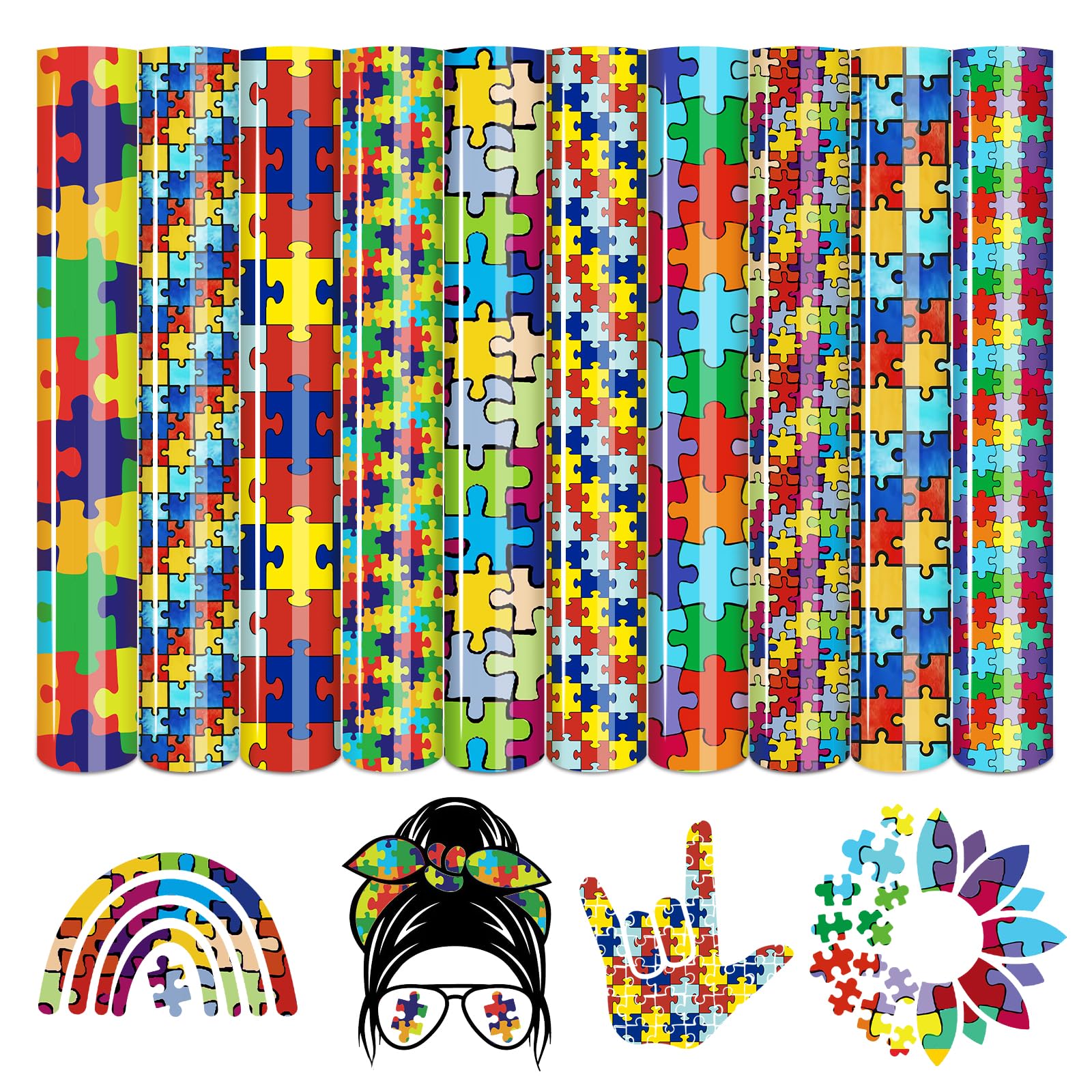 Tintnut Puzzle Pieces Heat Transfer Vinyl - 10 Sheets 10x12 Inch Autism Awareness Puzzles Craft Cutter HTV Vinyl Rainbow Color Pattern Printed Iron on Vinyl for Silhouette Cameo or Cricut