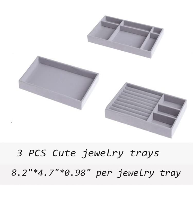 Philopack 3PCS Stackable Jewelry Organizer Trays-Drawer Storage Box Velvet Display Holder for Necklace Earring Bracelet Watch (Grey)