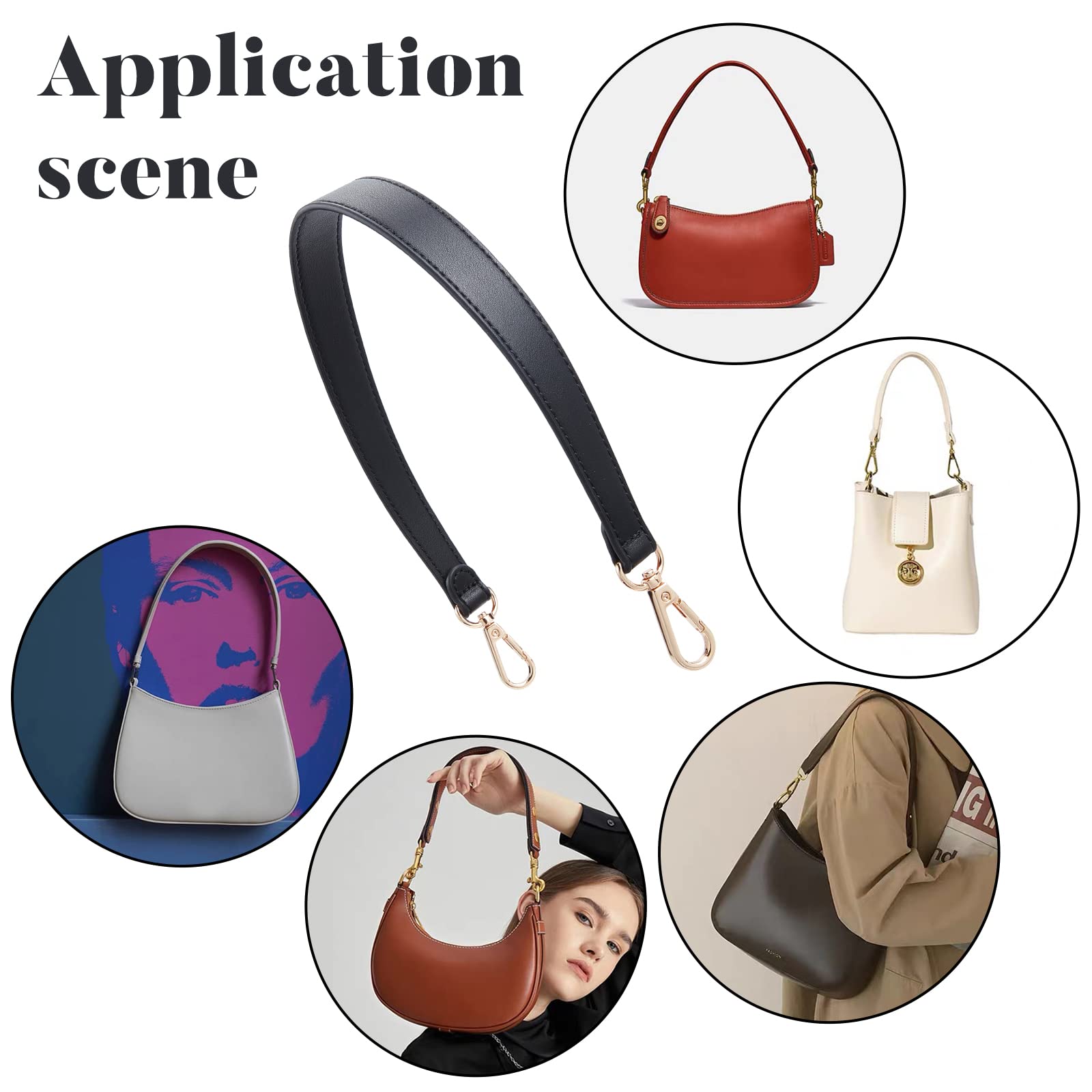 WADORN PU Leather Purse Handle, 15.75 Inch Short PU Leather Bag Strap Thin Shoulder Bag Straps Replacement Handbag Handle Strap Tote Bag Top Strap with Swivel Clasps DIY Purse Making Supplies, Black