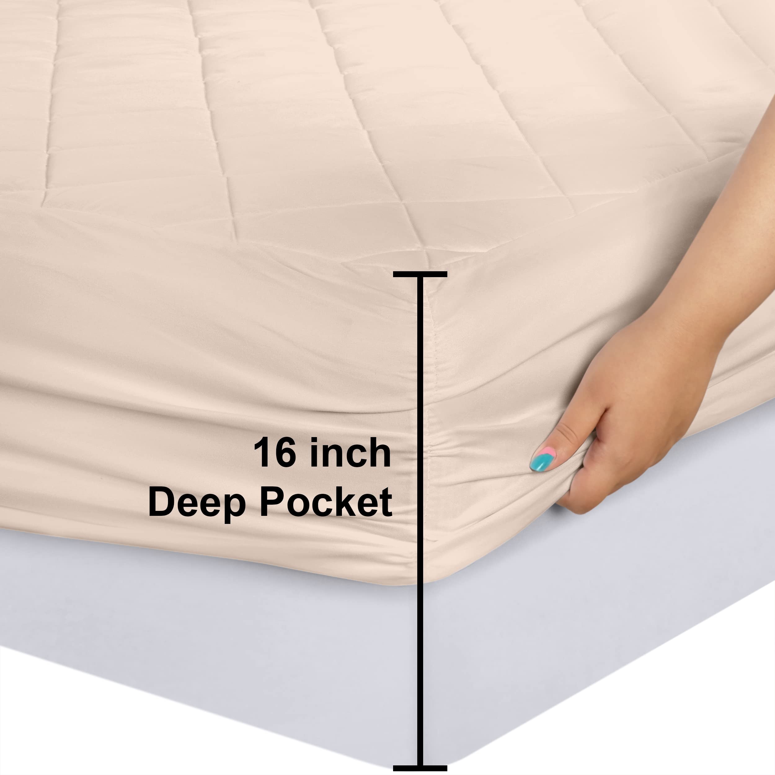 Utopia Bedding Quilted Fitted Mattress Pad, Queen Size, Elastic Fitted Mattress Topper Protector and Cover Stretches up to 16 Inches Deep, Machine Washable (Beige)