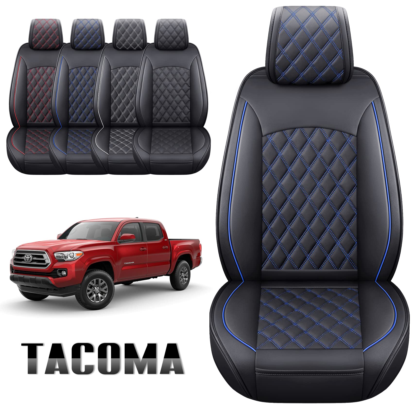 Aierxuan Toyota Tacoma Seat Covers Custom Fit 2005-2025 TRD Off-Road Overlanding Concept SR5 Double Cab Pickup Truck Waterproof Leather Front Car Cushions(2 PCS Front,Black-Blue)