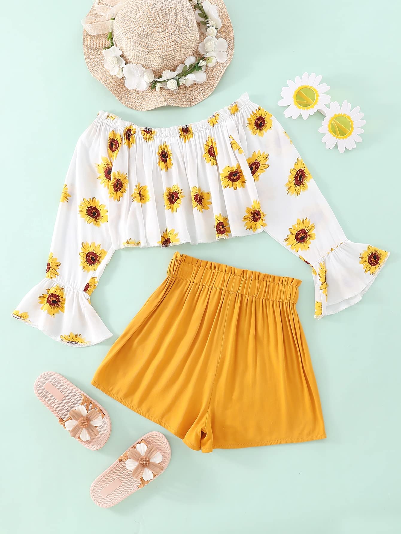 SOLY HUX Girl's 2 Piece Outfit Summer Boho Floral Print Long Sleeve Top and Shorts Set Cute Clothes for Girls Multicoloured 140