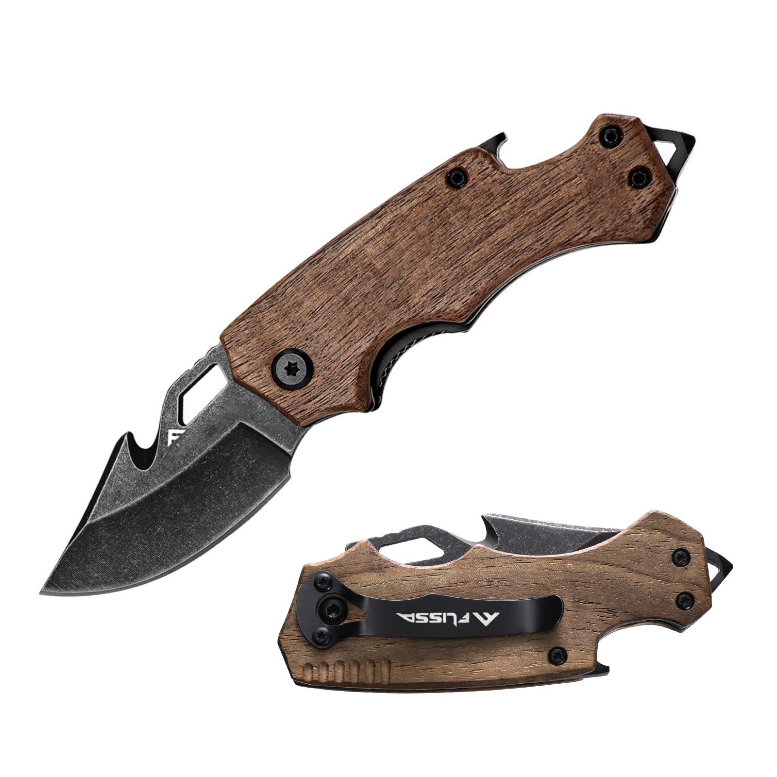 FLISSA Mini Folding Pocket Knife, 2.5-Inch Stainless Steel Drop Point Blade, EDC Pocket, Knives for Men with Bottle Opener and Glass Breaker (Brown), Good Merry Christmas Gift