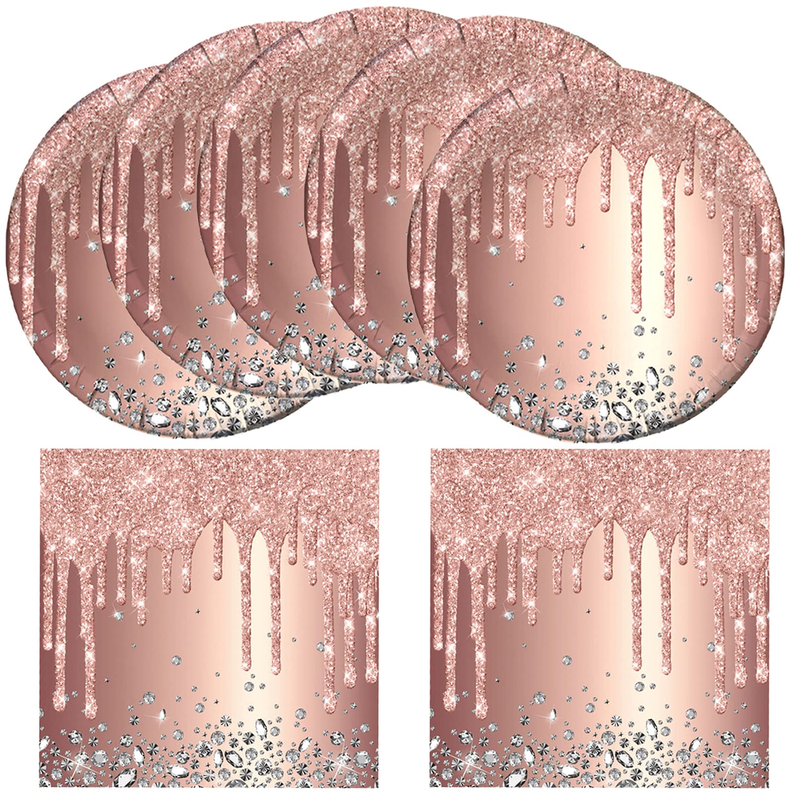 Pink Rose Gold Birthday Party Supplies, 20 Plates and 20 Napkins, Pink Rose Gold Theme Birthday Party Decoration for Girls Women