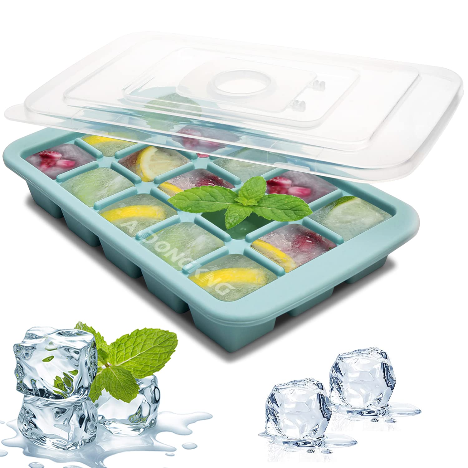 Ice Cube Trays Silicone, Ice Molds with Lid, Making 15 Giant Ice Cubes for Whiskey Cocktails and Bourbon, Reusable and BPA Free