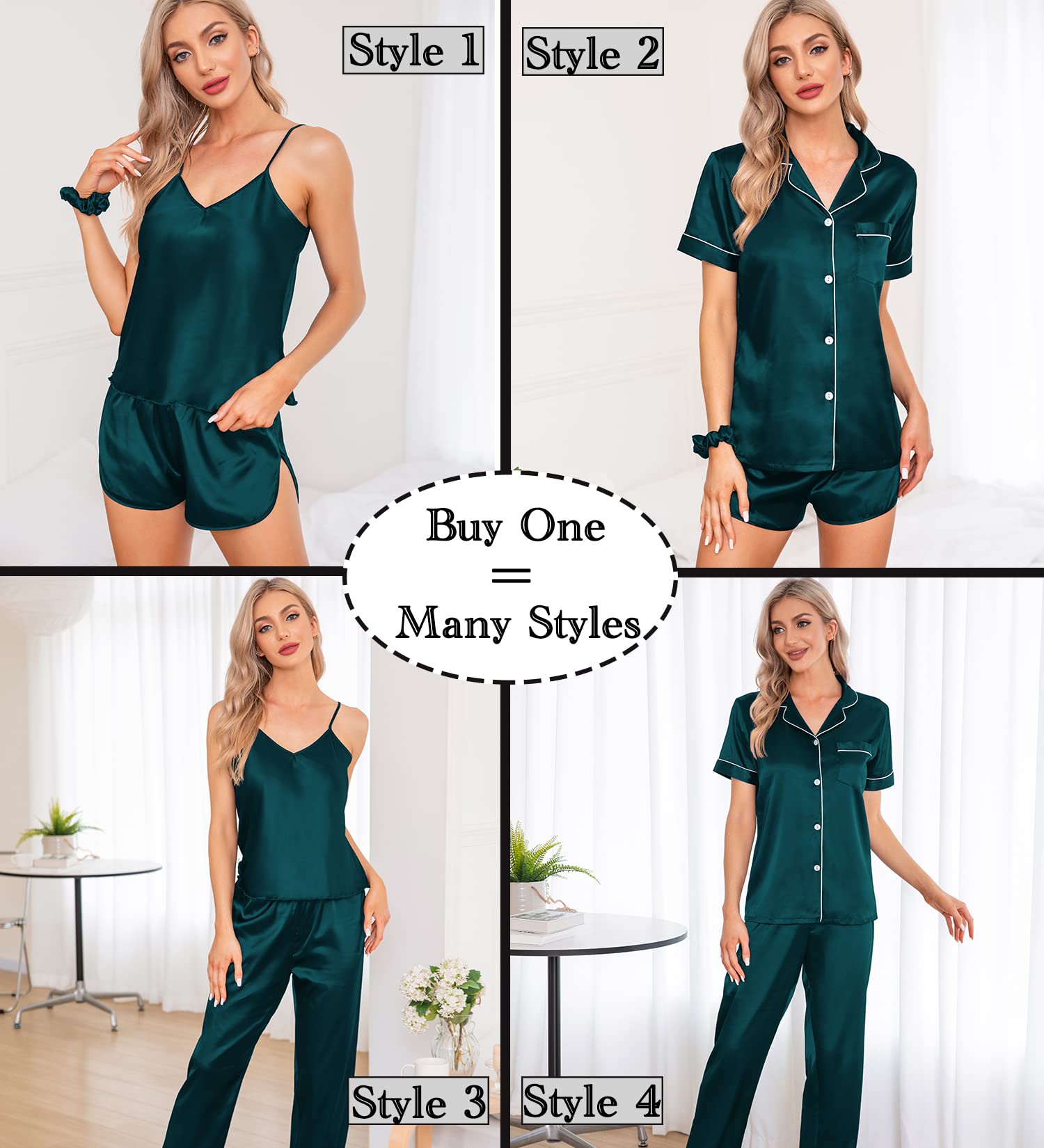 SWOMOG Womens Silk Satin Pajamas Sets 7pcs Sleepwear Sexy Cami Shorts Set and Button Down Short Sleeve Satin Pjs Deep Green Large