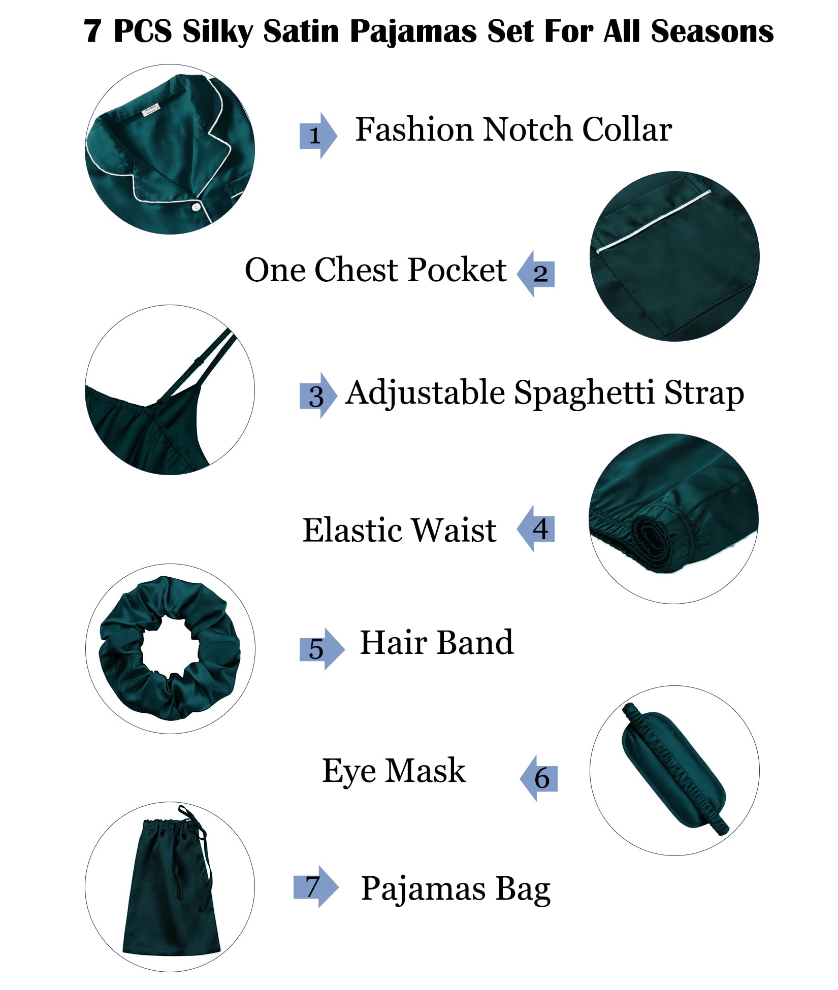 SWOMOG Womens Silk Satin Pajamas Sets 7pcs Sleepwear Sexy Cami Shorts Set and Button Down Short Sleeve Satin Pjs Deep Green Large