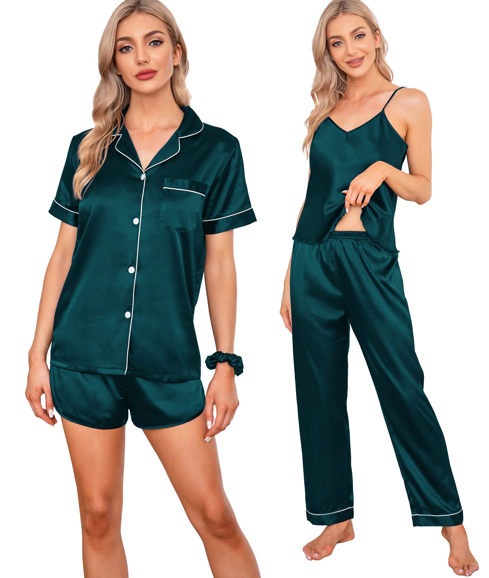 SWOMOG Womens Silk Satin Pajamas Sets 7pcs Sleepwear Sexy Cami Shorts Set and Button Down Short Sleeve Satin Pjs Deep Green Large