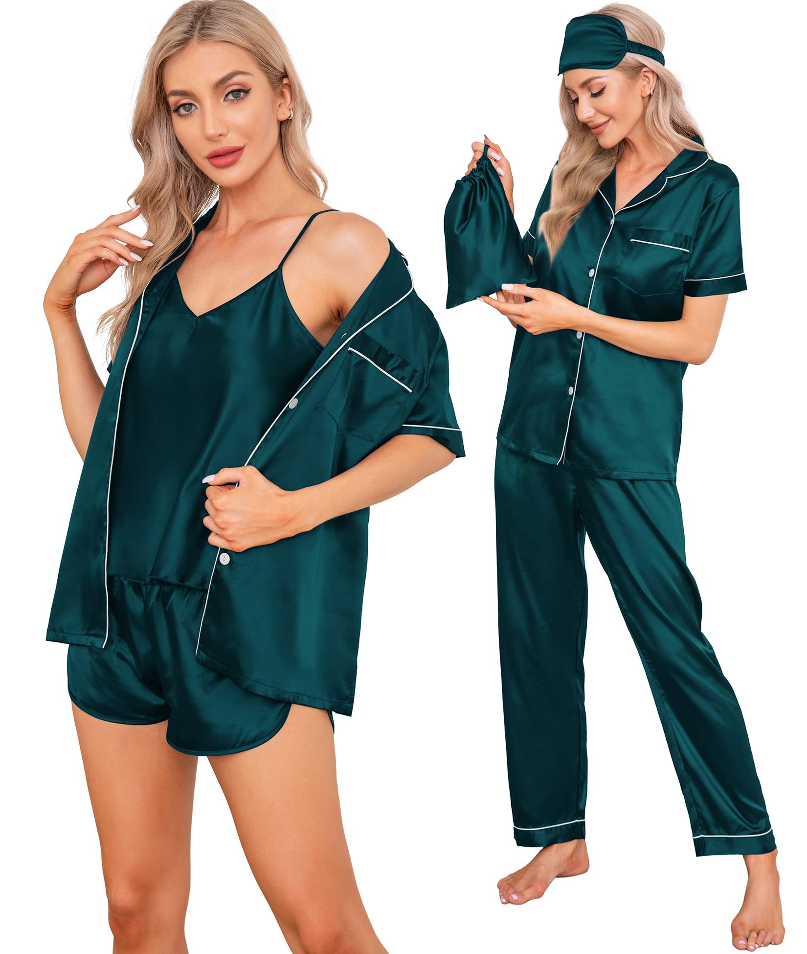SWOMOG Womens Silk Satin Pajamas Sets 7pcs Sleepwear Sexy Cami Shorts Set and Button Down Short Sleeve Satin Pjs Deep Green Large