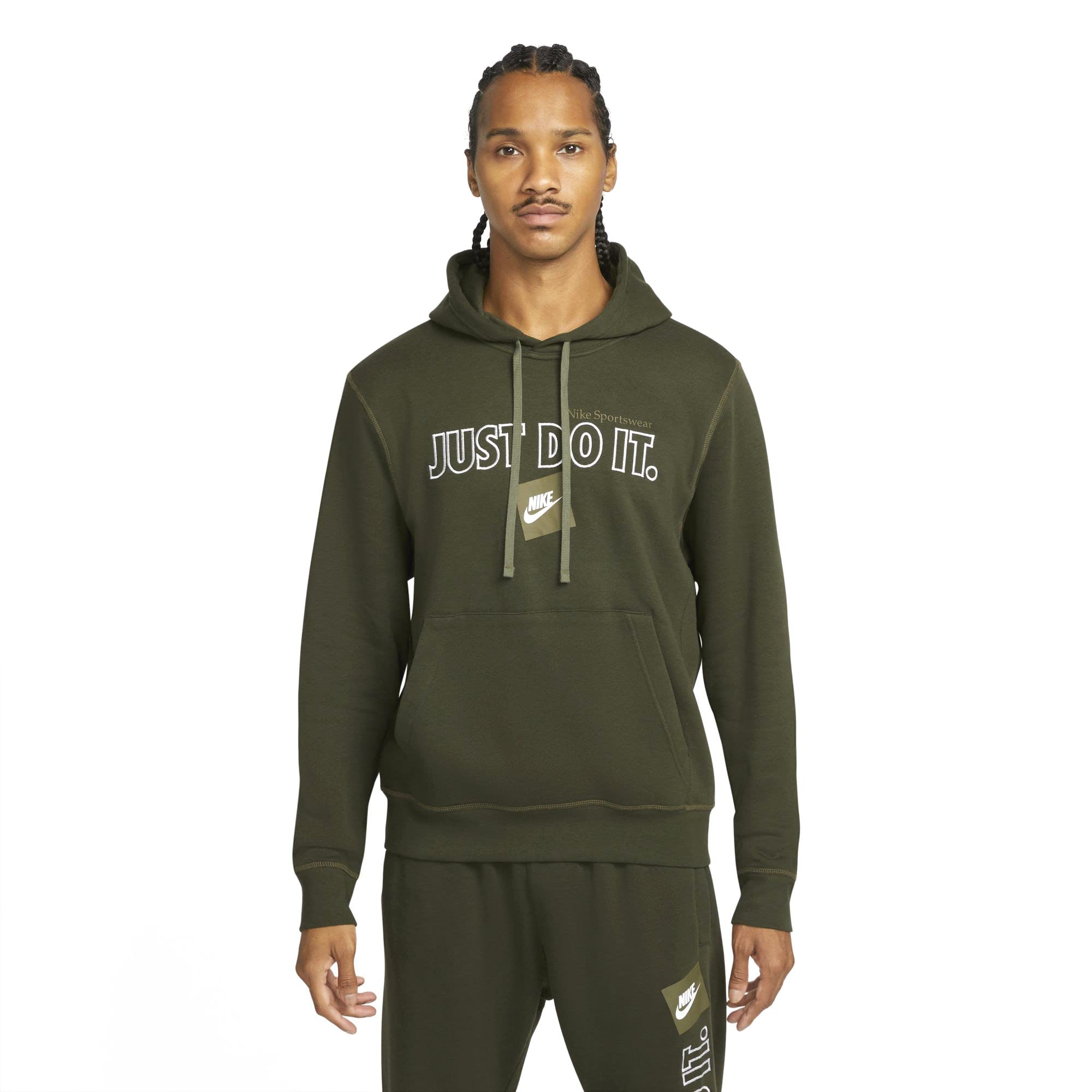 Nike Men Sportswear Just Do It Fleece Hoodie (Large, Sequoia/Medium Olive)