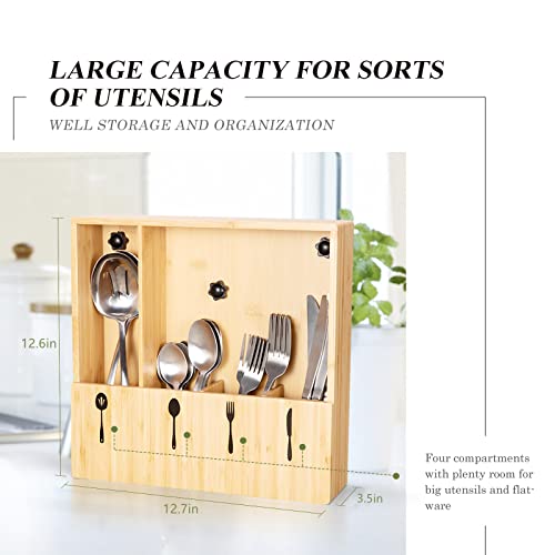 Bamboo Kitchen Utensil Holder for Countertop - Wall Mount Available - Cooking Utensil Caddy with 4 Compartments, Farmhouse Kitchen Decor, Wooden Utensil Organizer for counter