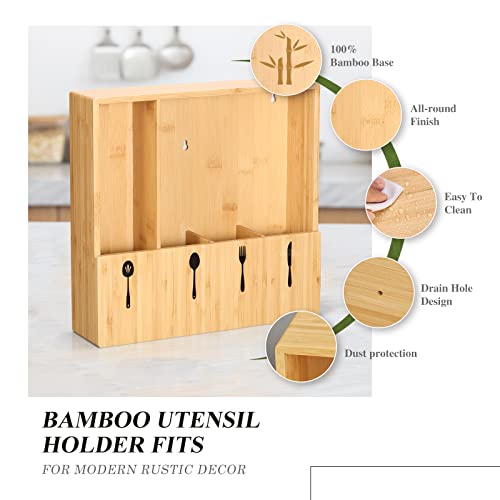 Bamboo Kitchen Utensil Holder for Countertop - Wall Mount Available - Cooking Utensil Caddy with 4 Compartments, Farmhouse Kitchen Decor, Wooden Utensil Organizer for counter
