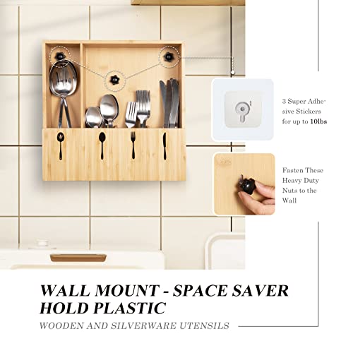 Bamboo Kitchen Utensil Holder for Countertop - Wall Mount Available - Cooking Utensil Caddy with 4 Compartments, Farmhouse Kitchen Decor, Wooden Utensil Organizer for counter