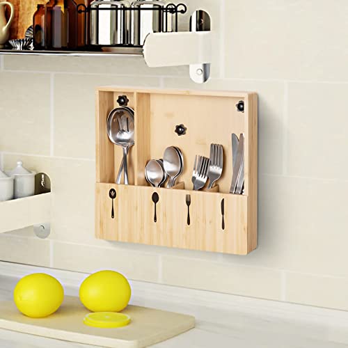Bamboo Kitchen Utensil Holder for Countertop - Wall Mount Available - Cooking Utensil Caddy with 4 Compartments, Farmhouse Kitchen Decor, Wooden Utensil Organizer for counter